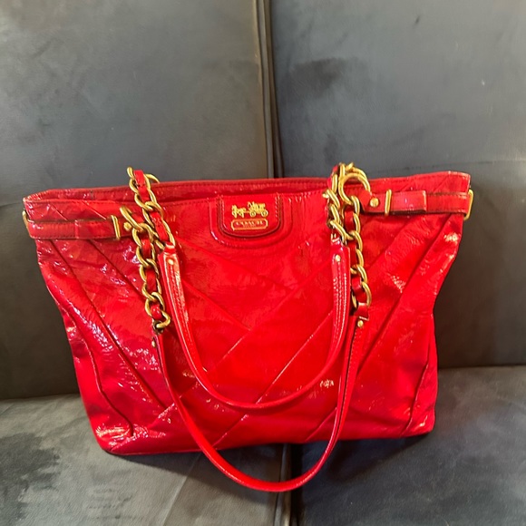 Coach | Bags | Coach Ruby Red Madison Diagonal Pleated Patent Leather ...